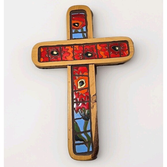 Wall Decor | Vtg Hand Painted Ceramic Inlay Wooden Cross Santa Fe Nm ...